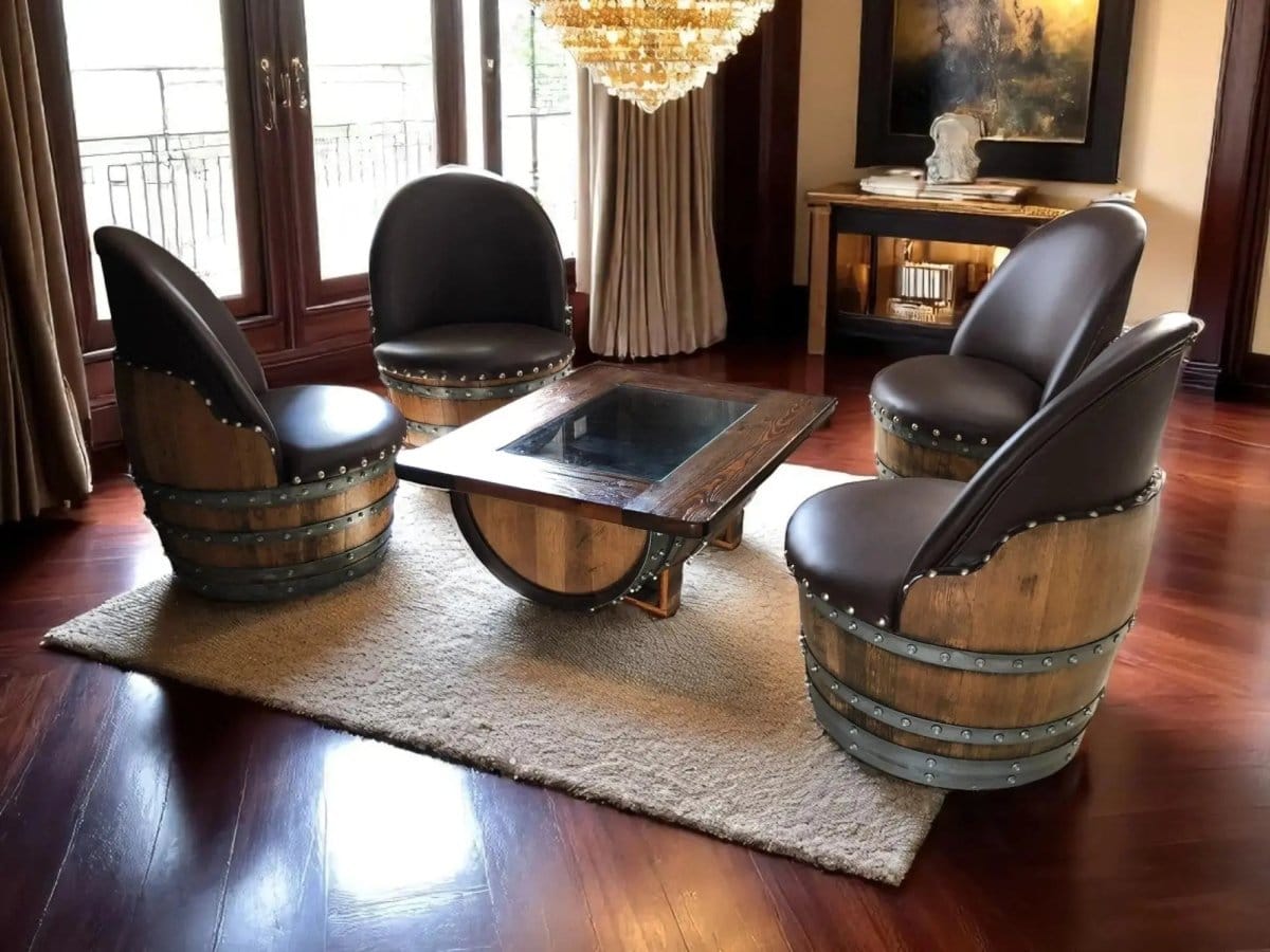 Wine Barrel Coffee Table Set with 4 Chairs - Rustic Whiskey Barrel ...